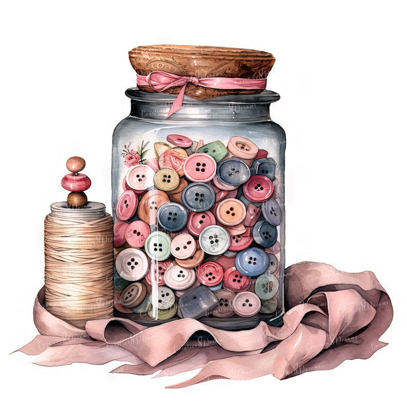 Vintage Sewing Buttons in a Jar With Ribbon PNG Clipart Bundle- Digital ...