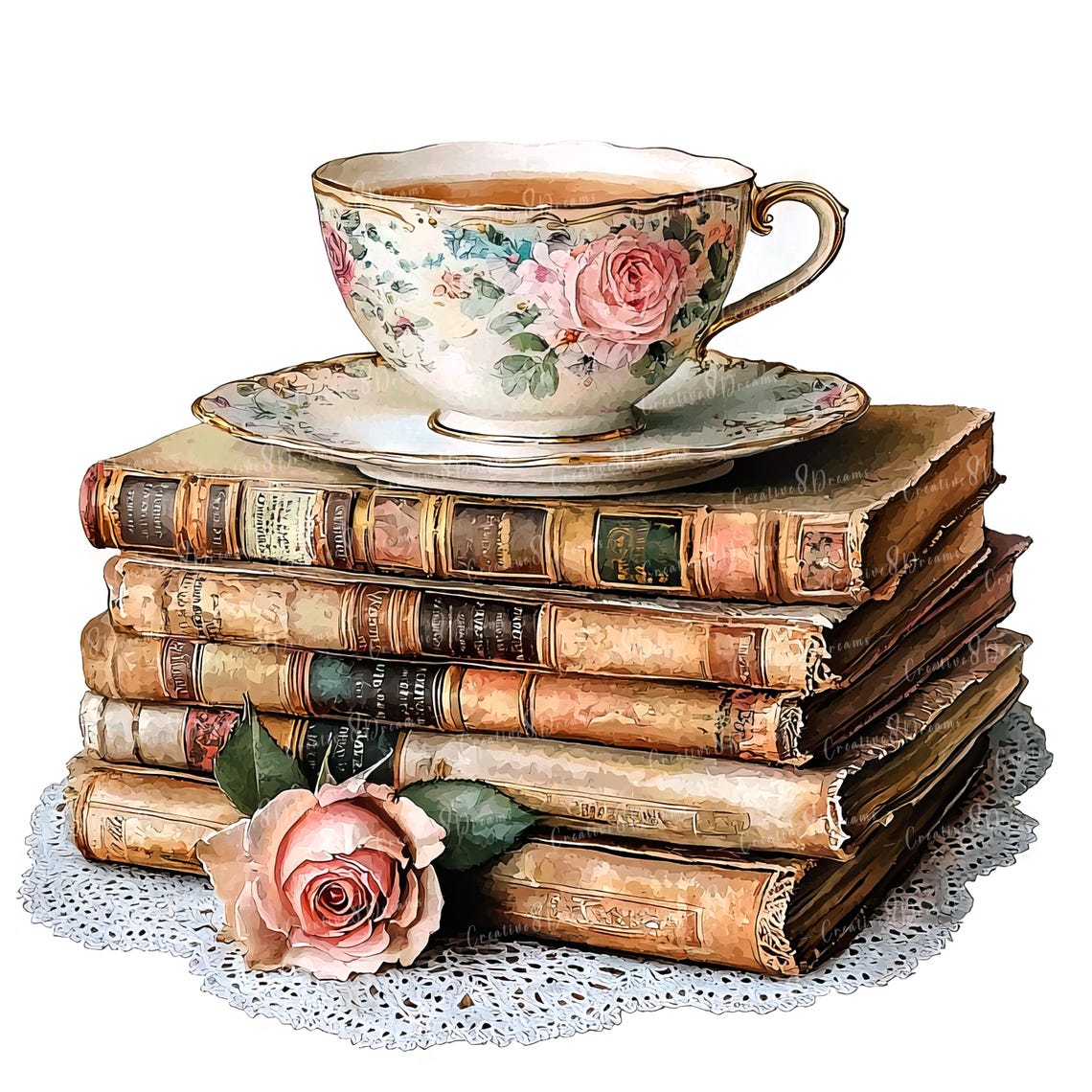 Vintage Teacup on Books With Pink Rose and Doily JPG Clipart Bundle ...