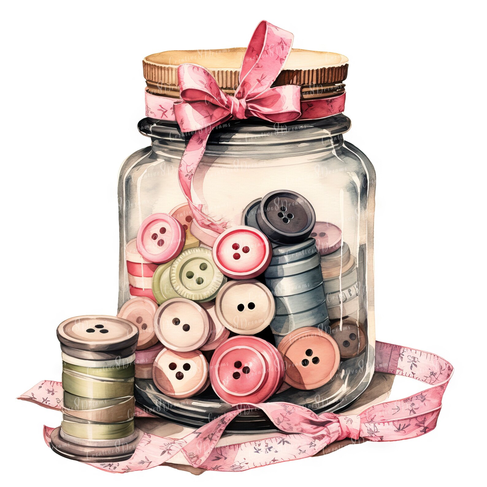 Vintage Sewing Buttons in a Jar With Ribbon PNG Clipart Bundle- Digital ...