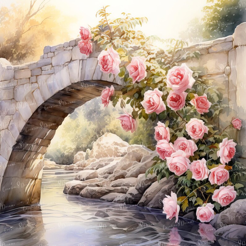 Shabby Chic Pink Roses on Stone Bridge Ruins JPG Clipart Bundle ...
