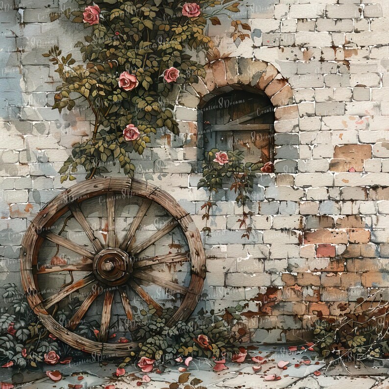 Old Wheel by a Brick Wall Overgrown With Roses JPG Clipart Bundle ...