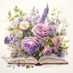 Open Book With Soft Purple Pink Flowers JPG Clipart Bundle- Digital ...