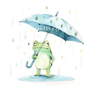 Adorable Little Frog Holding Umbrella in Rain JPG Clipart Bundle ...