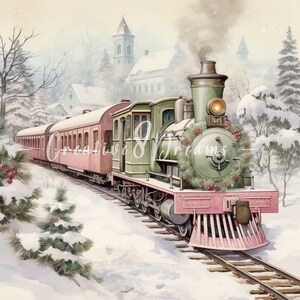 Vintage Pink Sage Christmas Train in Snowy Scenery Clipart Bundle- 10 ...