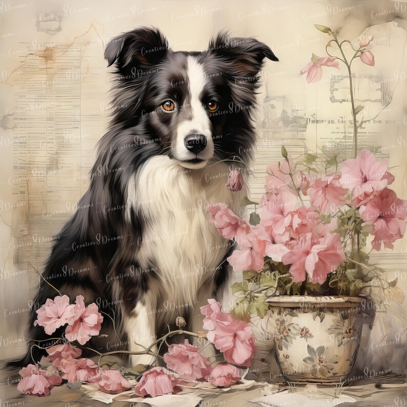 Shabby Chic Floral Border Collie JPG Clipart Bundle- Digital Download ...
