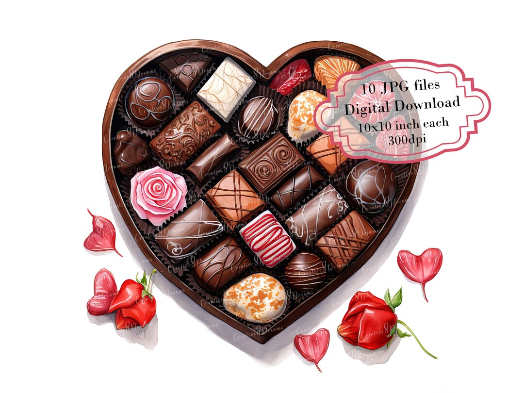 Heart Shaped Chocolate Box Clipart Bundle- 10 High Quality Watercolor ...
