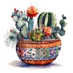 Cactus in Flower Pot Clipart Bundle- 10 High Quality Watercolor Jpgs ...