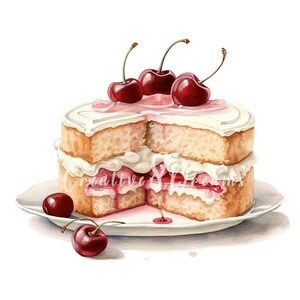 Cherry Vanilla Cake Slices Clipart Bundle- 10 High Quality Watercolor ...
