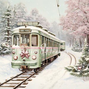 Vintage Pink Sage Christmas Train in Snowy Scenery Clipart Bundle- 10 ...