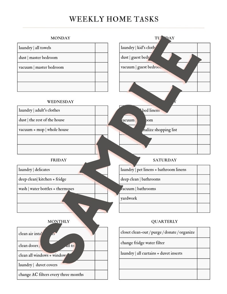PRINTABLE Weekly Home Tasks Schedule - Etsy