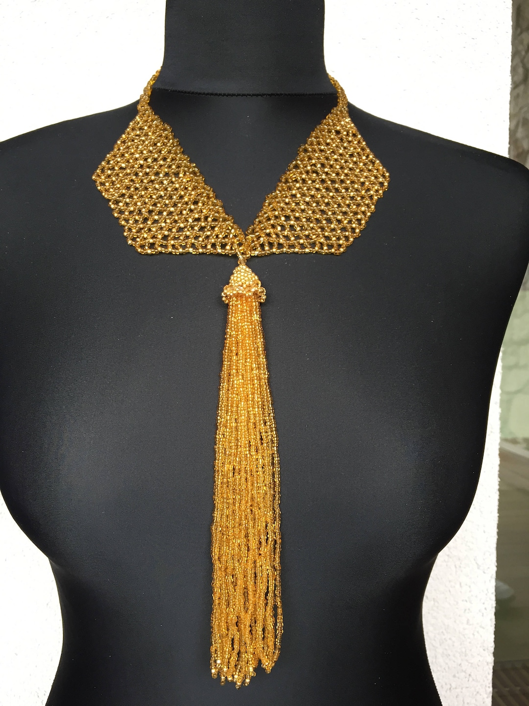 Golden Tassel Necklace, Gold Tassel Jewelry, Gold Bead Necklace, Gold ...