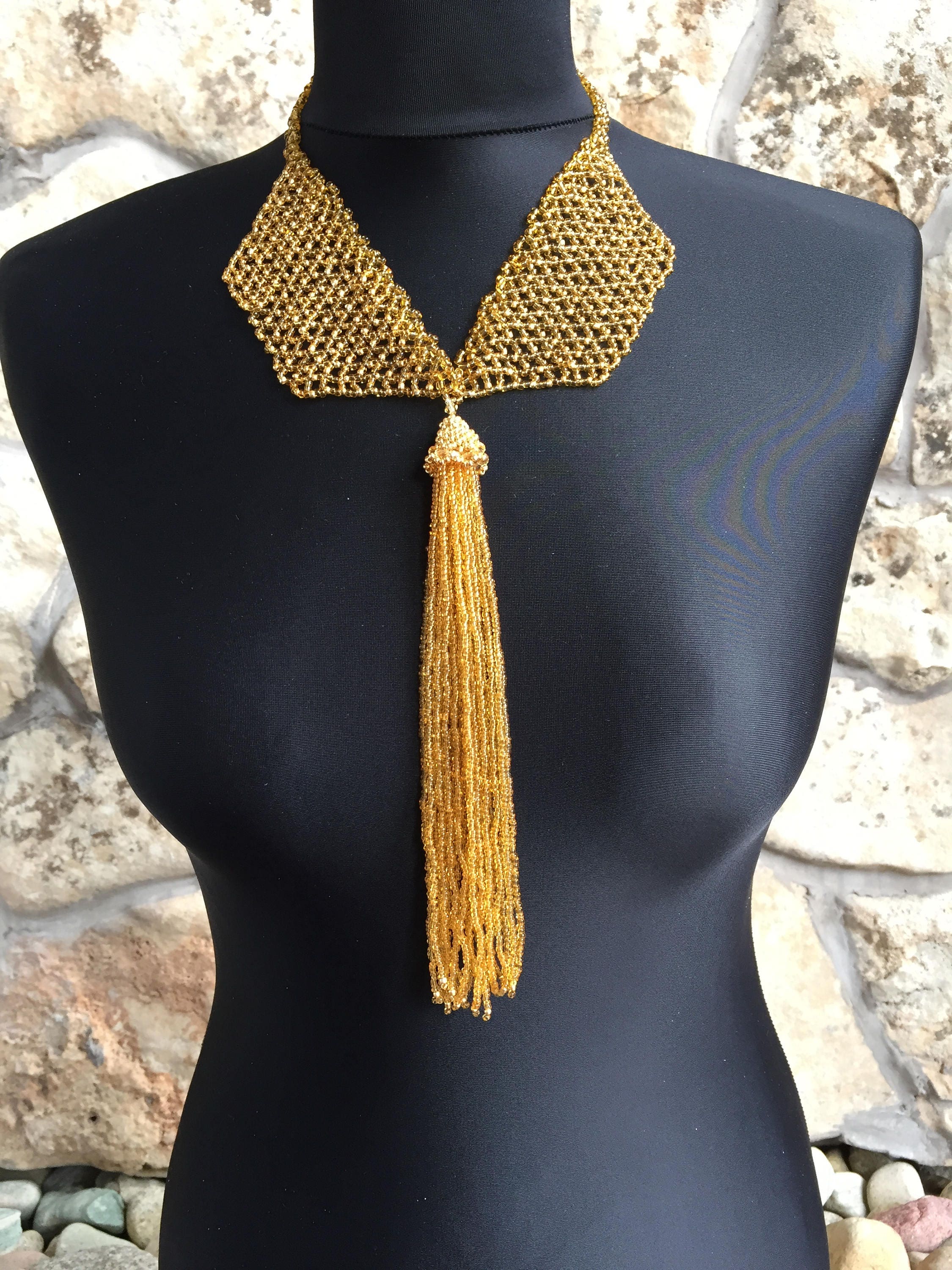 Golden Tassel Necklace, Gold Tassel Jewelry, Gold Bead Necklace, Gold ...