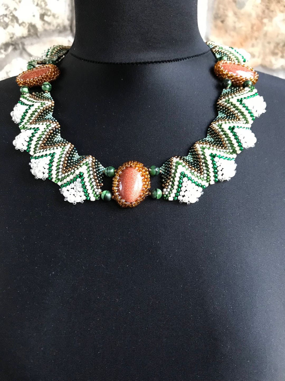 Green Bead Necklace, Tribal Necklace, Aztec Necklace, Seed Bead ...