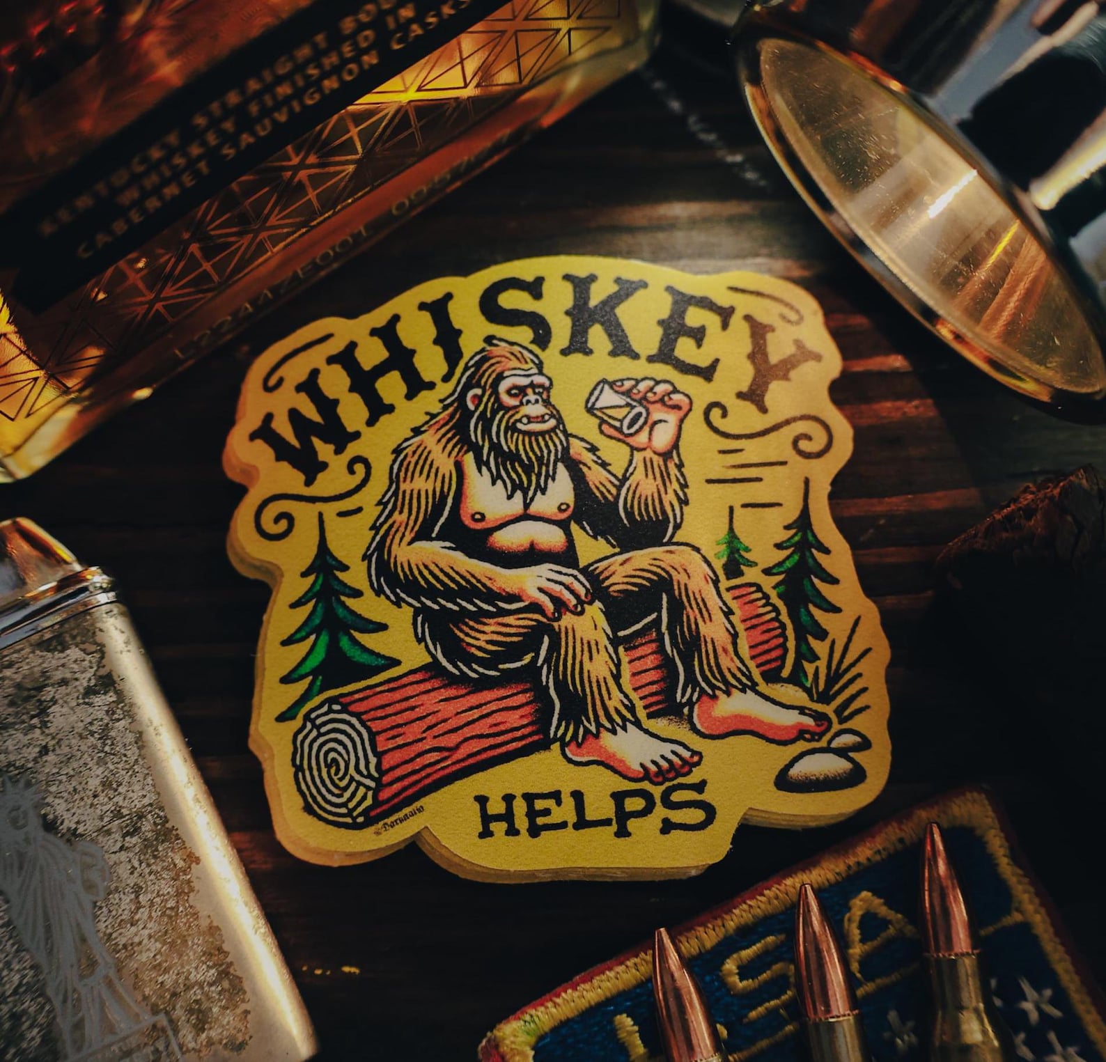Whiskey Helps Bigfoot Sticker – Funny Sasquatch Vinyl Decal for Laptops ...