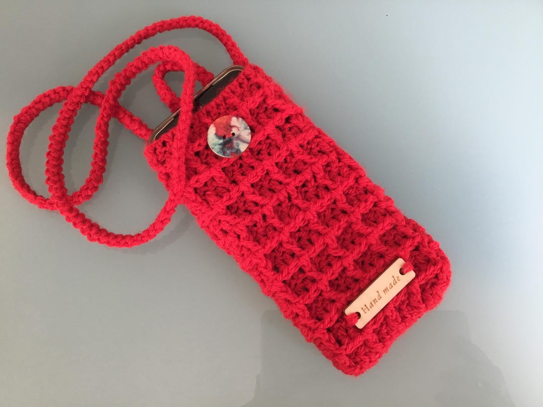 Red Cell Phone Bag/red iPhone Case/neck Cord. Hand Crocheted in Cotton ...
