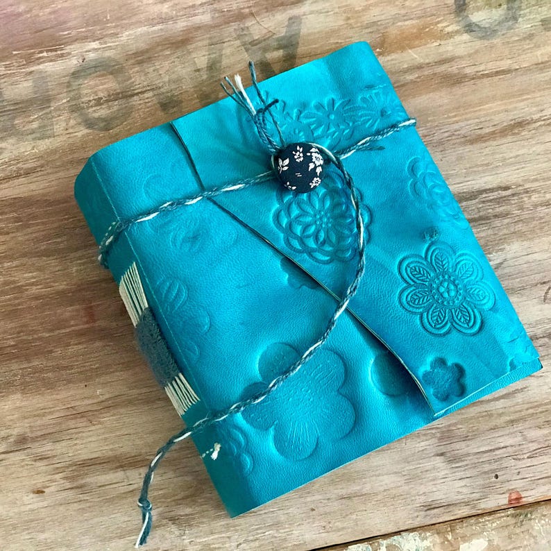Handmade Junk Journal, Turquoise Leather Cover, Mixed Media Art Book - Etsy
