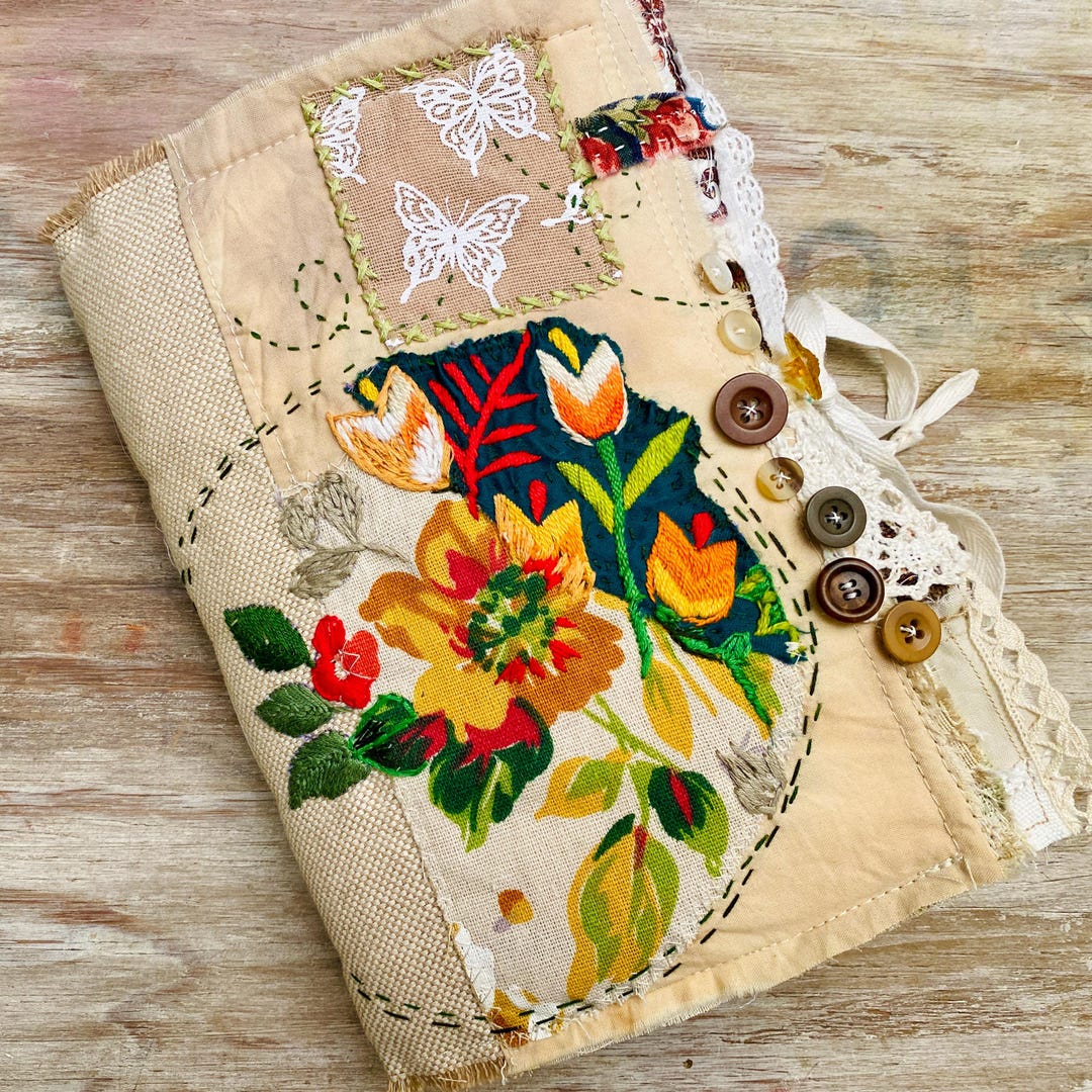 Handmade Textile Art Junk Journal, Embroidered Floral Soft Cover - Etsy
