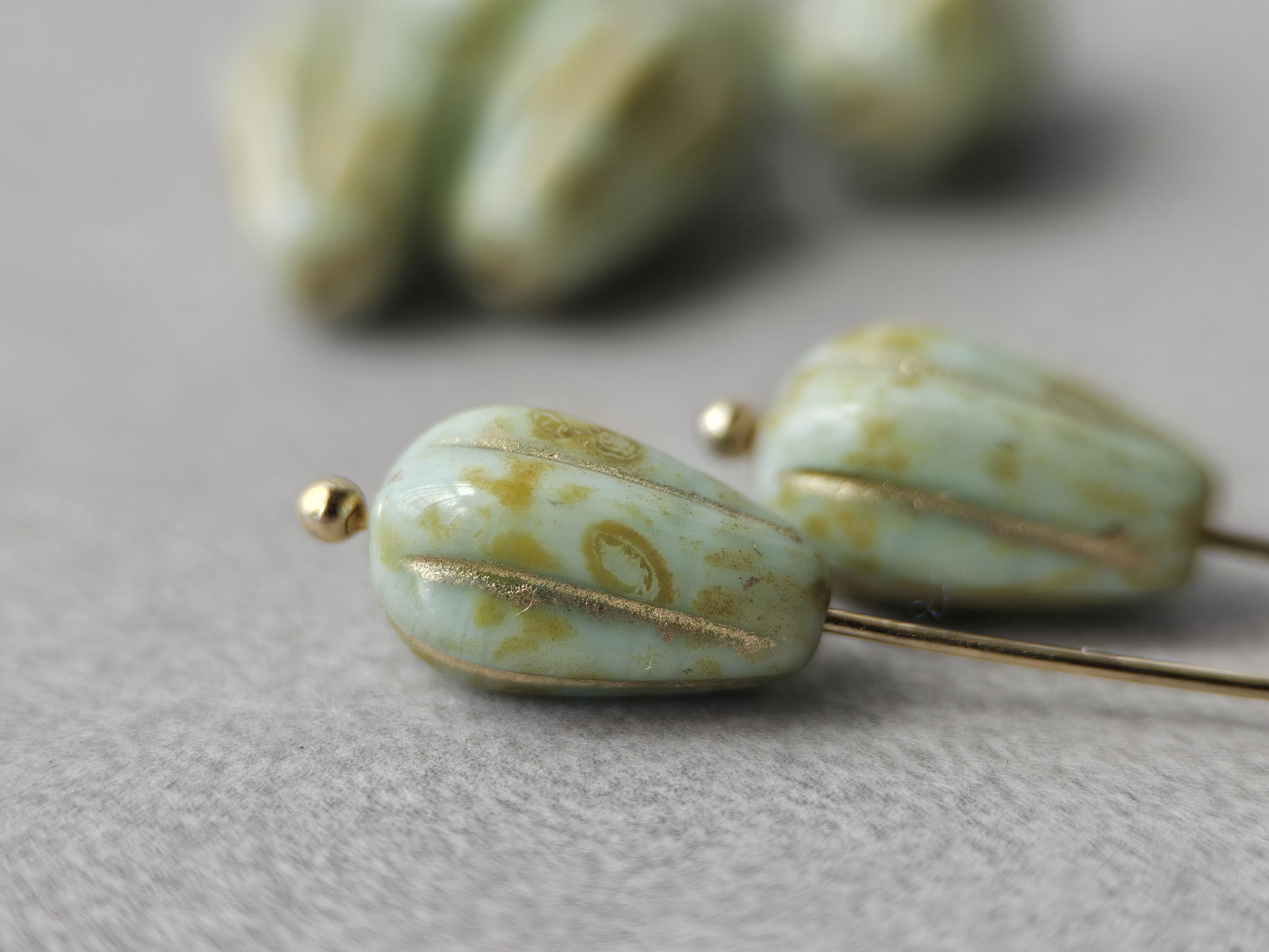 13mm Czech Glass Melon Teardrop Beads – Celadon Green With Picasso ...
