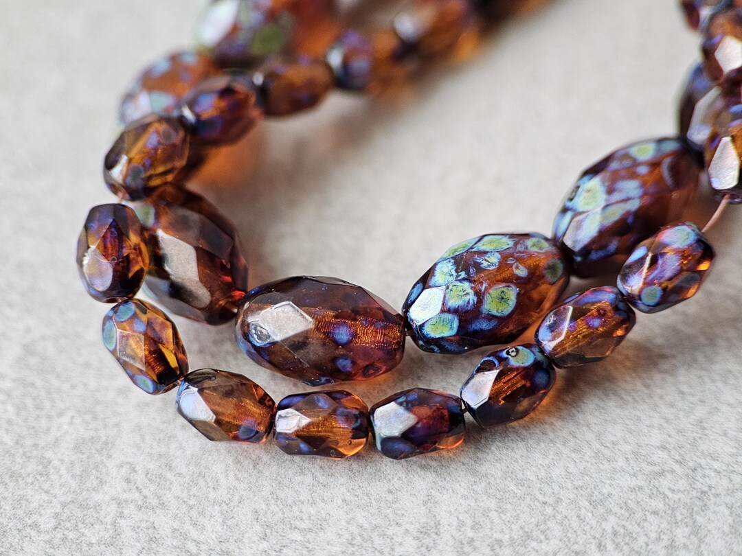 Czech Glass Picasso Beads: Faceted Oval Rice Beads, Dark Topaz - Etsy