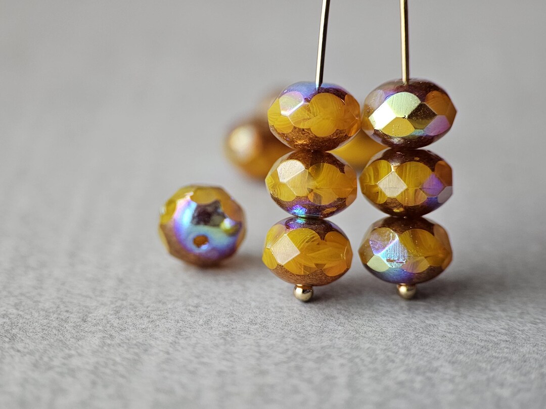 Yellow Gold AB Bronze Czech Glass Faceted Rondelle Beads 6x8mm 12 Beads ...