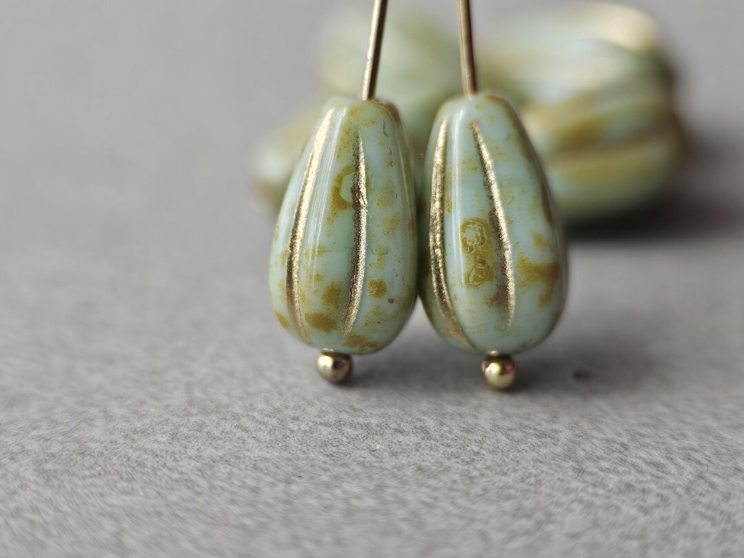 13mm Czech Glass Melon Teardrop Beads – Celadon Green With Picasso ...