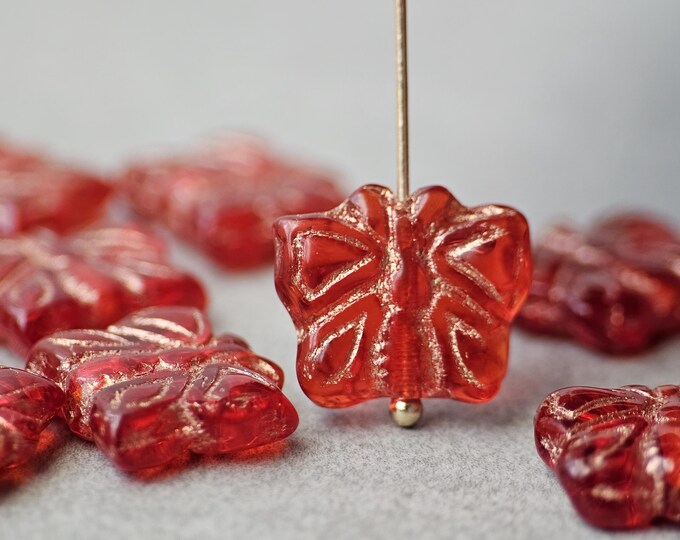 10 - Red Butterfly Czech Glass Bead Copper Inlay Insect Bead 14mm - Etsy