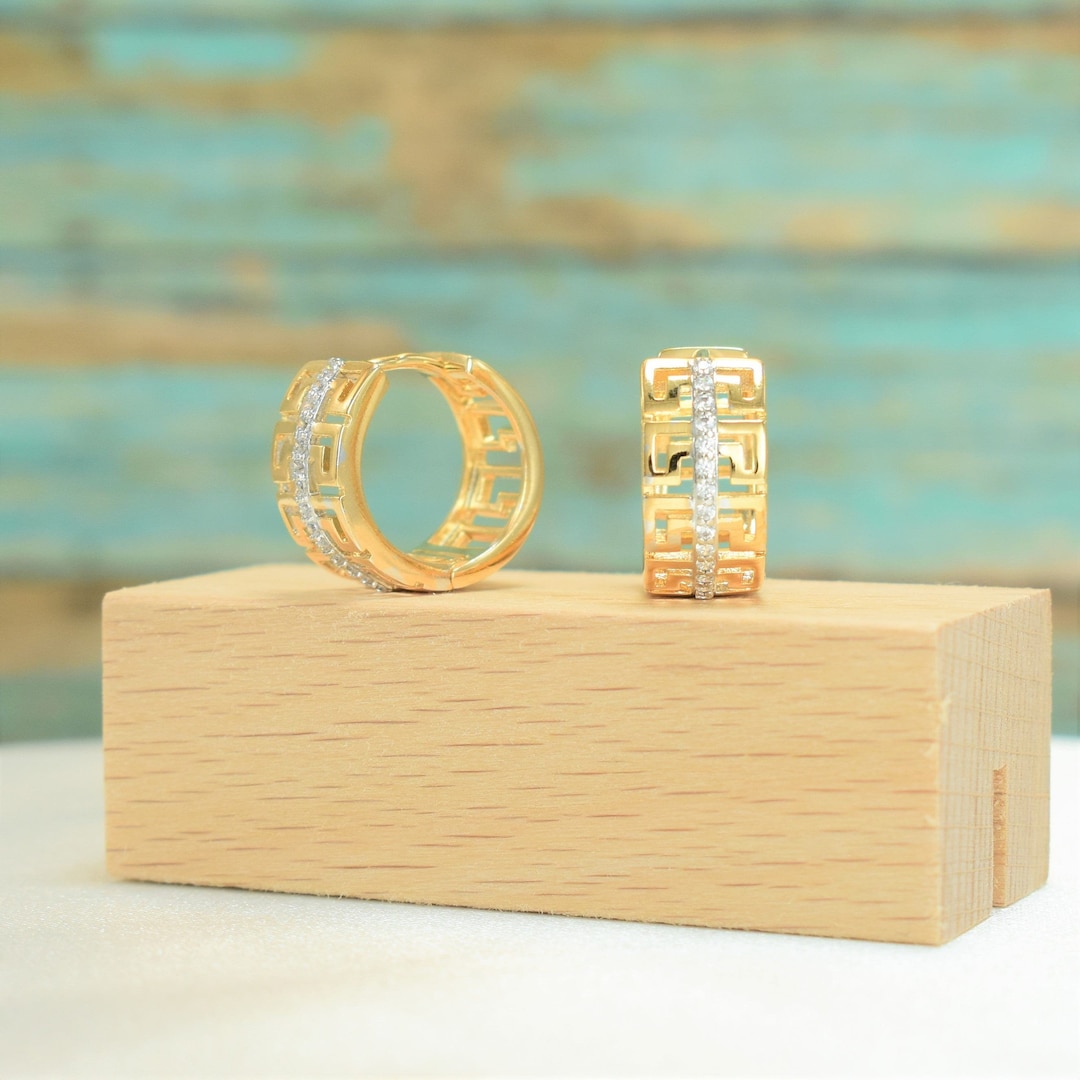 Greek Key Huggies Hoop Earrings Thick Chunky Hoops 14k Gold Plated ...