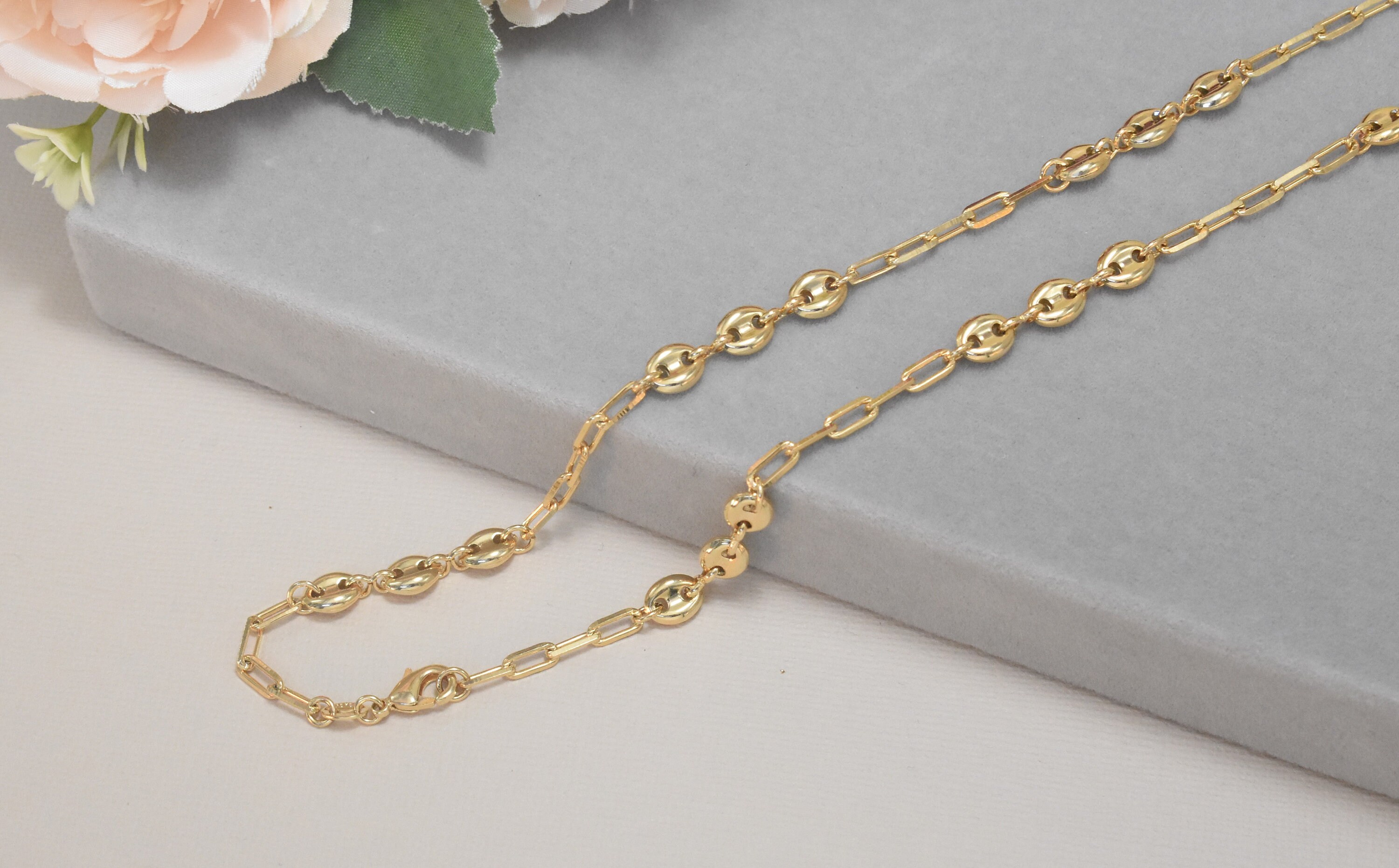 Gold Plated Coffee Bean Chain: Puffed Mariner Paper Clip Necklace or ...