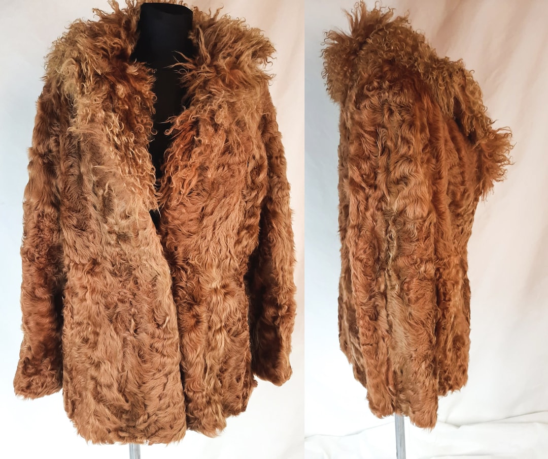 70s Style Curly Caramel Brown Fur Coat, Big Fluffy Collar Penny Lane ...