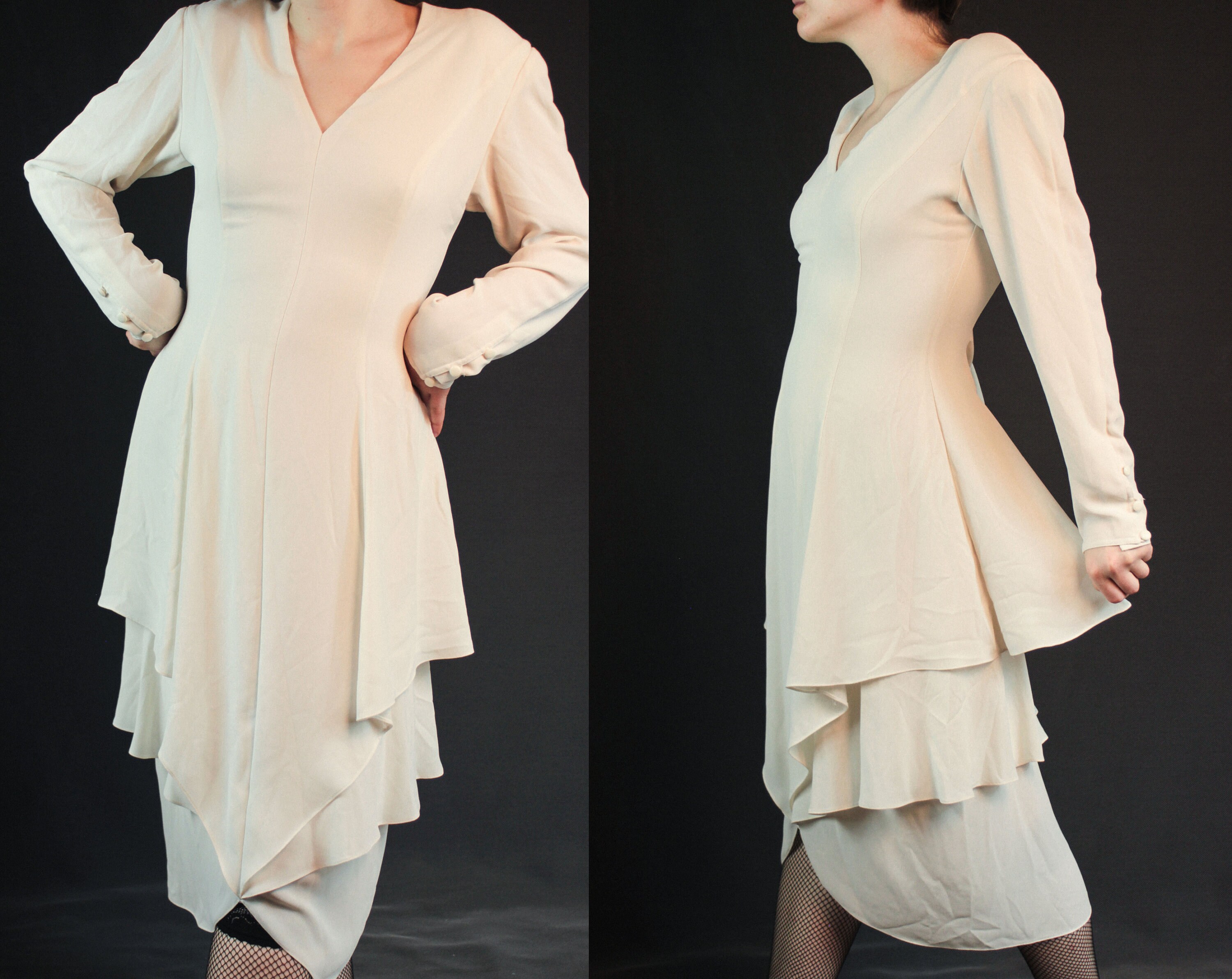 80s Tom Bowker Moss Crepe Dress White Cream Beige Layered - Etsy