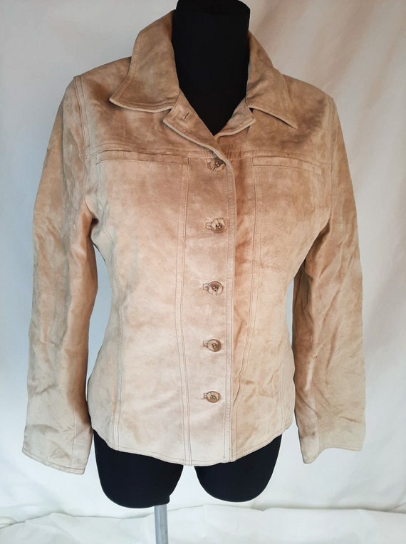 Vintage beige leather jacket suede button down blazer… - Gem