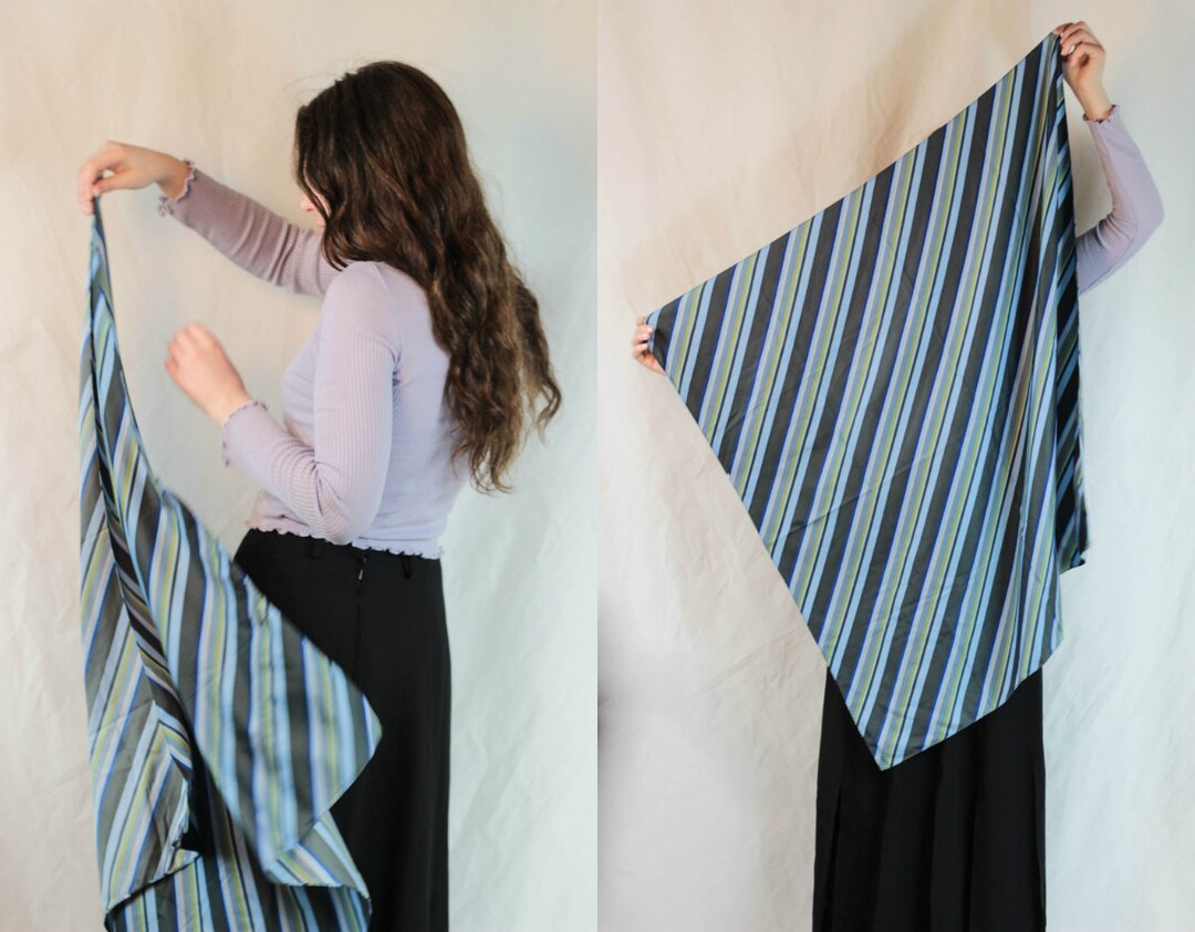 Vintage Blue Striped Scarf Silky Flowy Scarf Light Blue Scarf Elegant ...