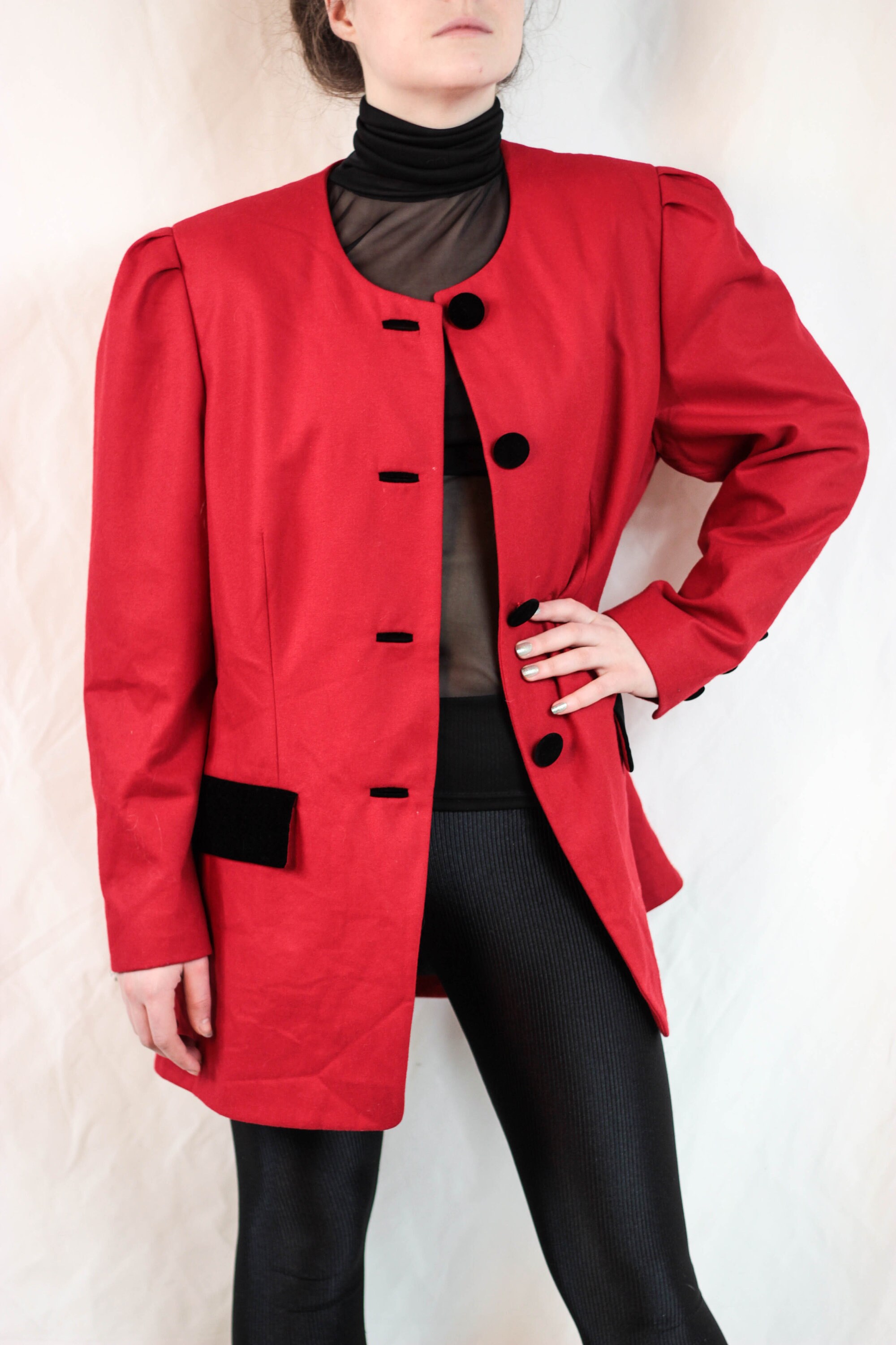 80s Plus Size Red Wool Jacket Black Velvet Details Puff Sleeve | Etsy