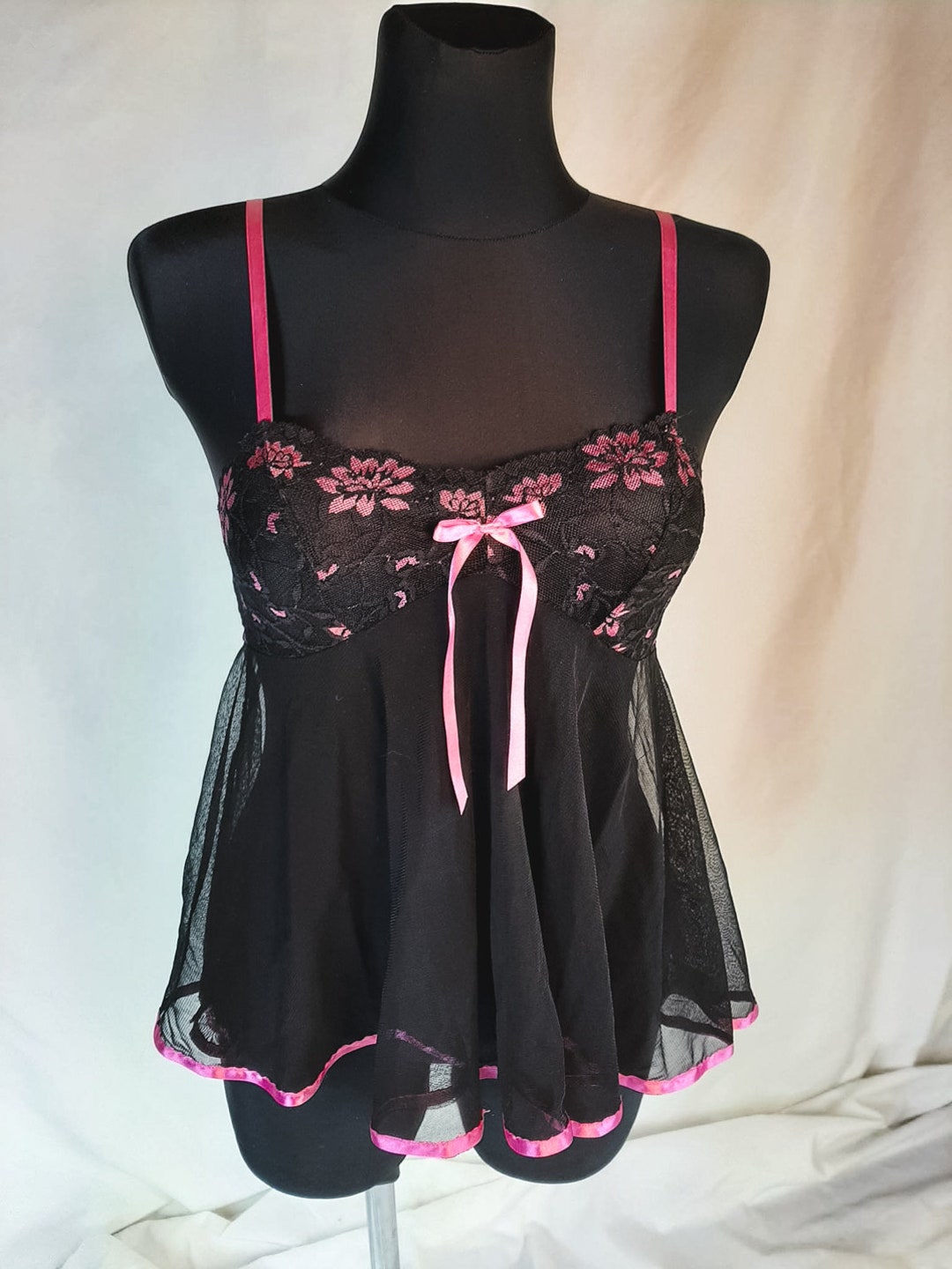 Y2k Livia Corsetti Black Sheer Tulle Babydoll Top With Pink Trims and ...
