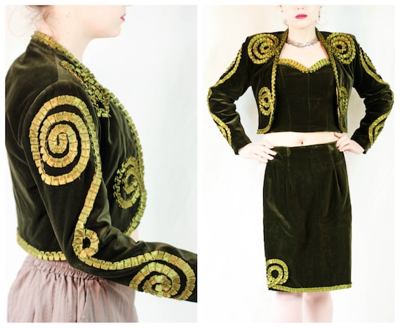 KENZO City Three Piece Skirt Suit With Corset Bodice Olive Green Velvet and Satin Ruffle Ornament Etsy New Zealand