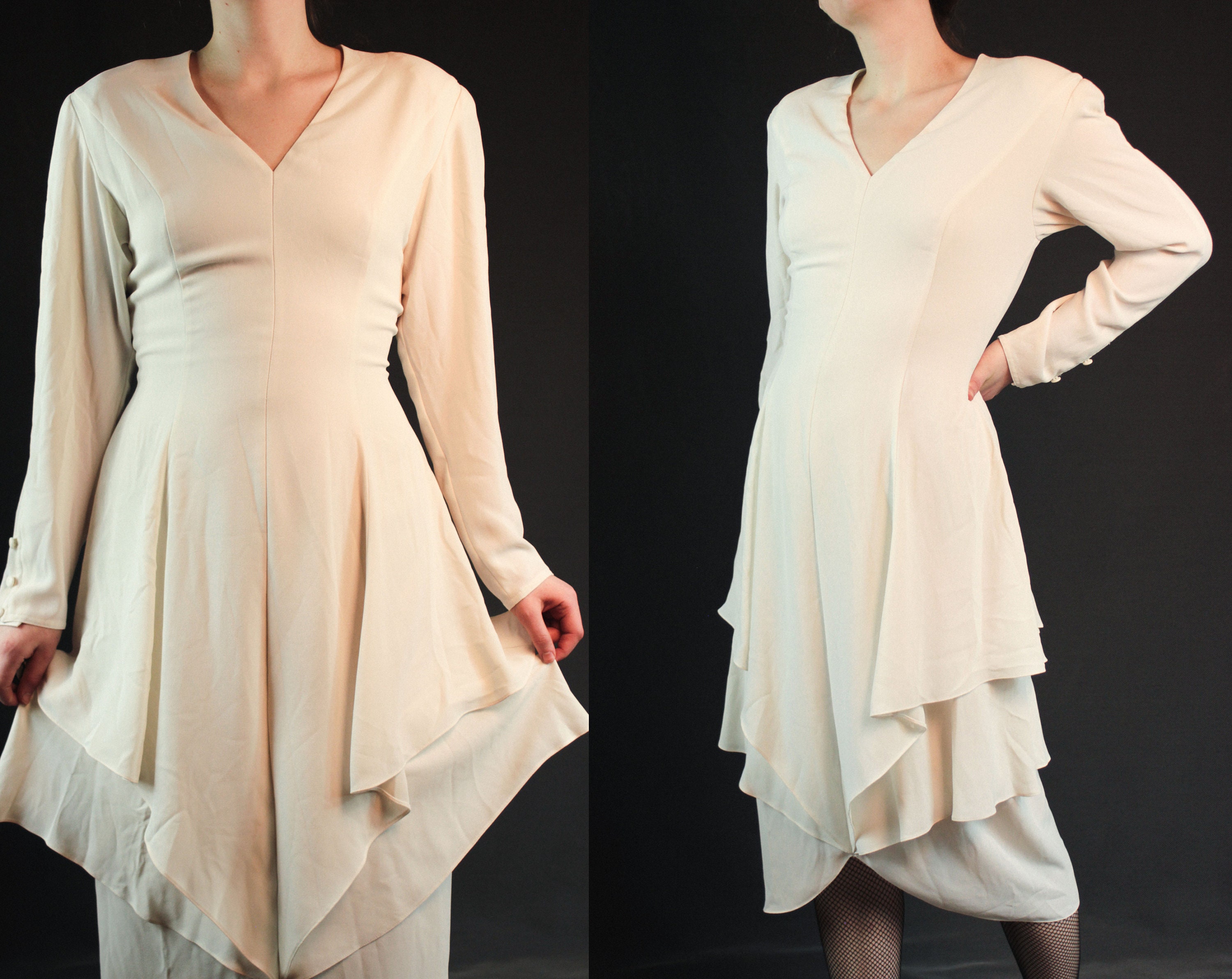 80s Tom Bowker Moss Crepe Dress White Cream Beige Layered - Etsy
