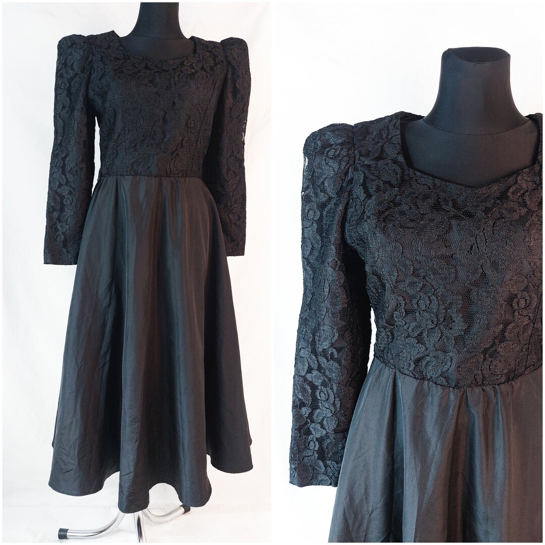 80s Goth Princess Dress Black Lace and Taffeta Dress Puff Sleeve ...