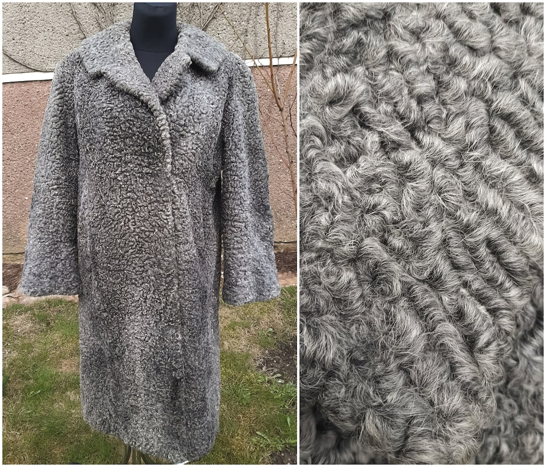Vintage Gray Astrakan Coat Curly Lamb Wool Fur Coat, Elegant Karakul ...