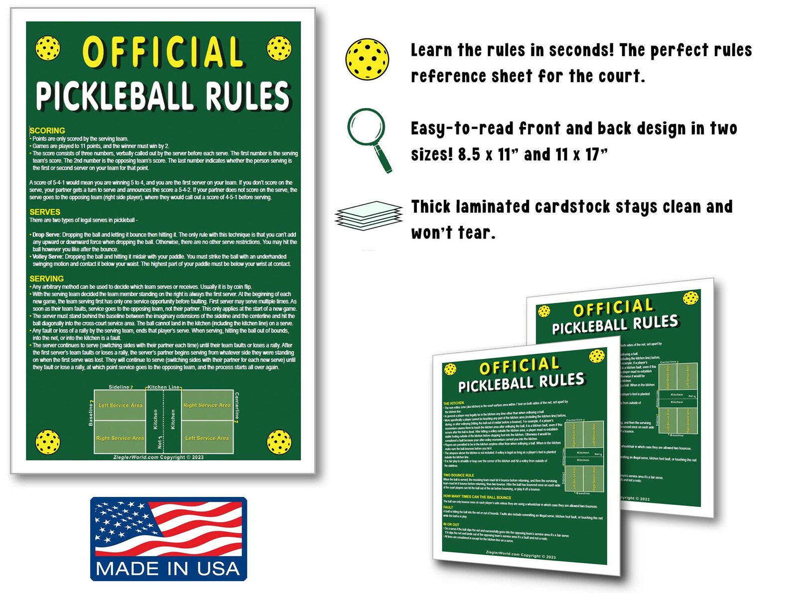 Pickleball Laminated Rules Sheet 2 Pack | 11 X 17 & 8 1/2 X 11 | Large ...