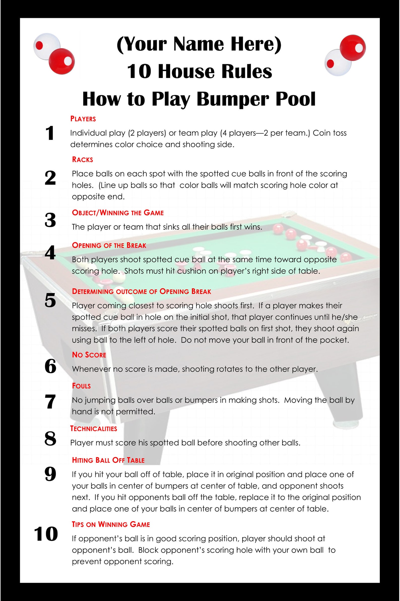 Personalized Bumper Pool 10 House Rules Custom Art Poster ...