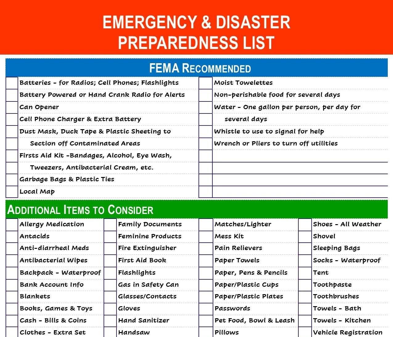 Disaster & Emergency Preparedness Laminated Double Sided Checklist | Hurricane Tornado ...