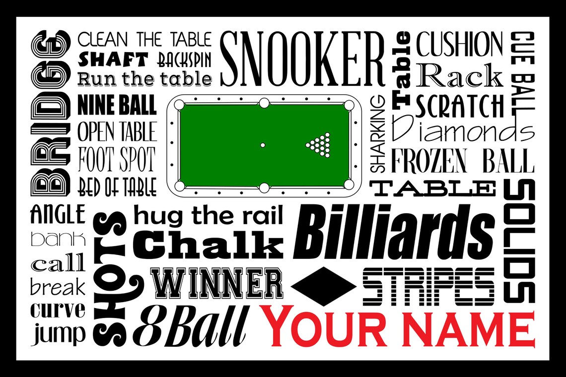 Personalized Custom Word Art Billiard Pool Table Framed Art With Your ...