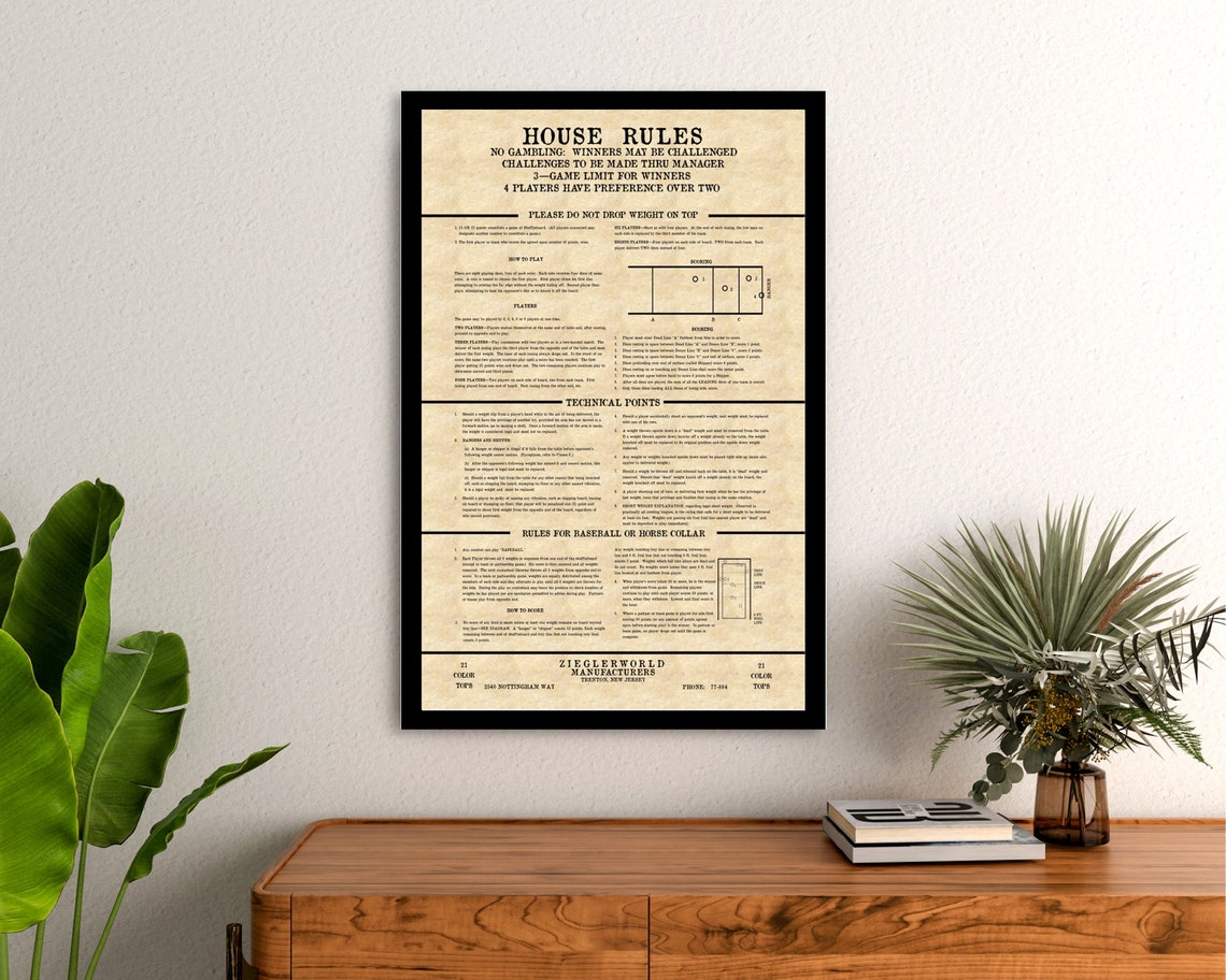Old Time Table Shuffleboard House Rules - Framed Art - Perfect Shuffle ...