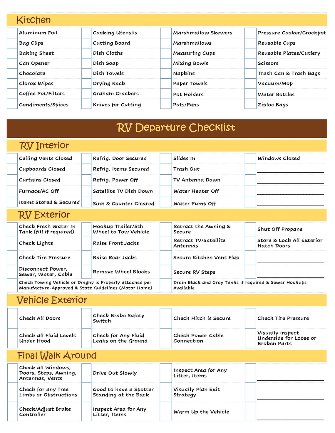Reusable Ultimate RV Checklist - Packing List - Never Forget Items ...