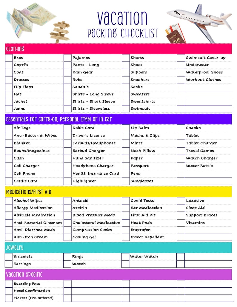 Reusable Vacation Packing List Never Forget Essential Travel Items ...