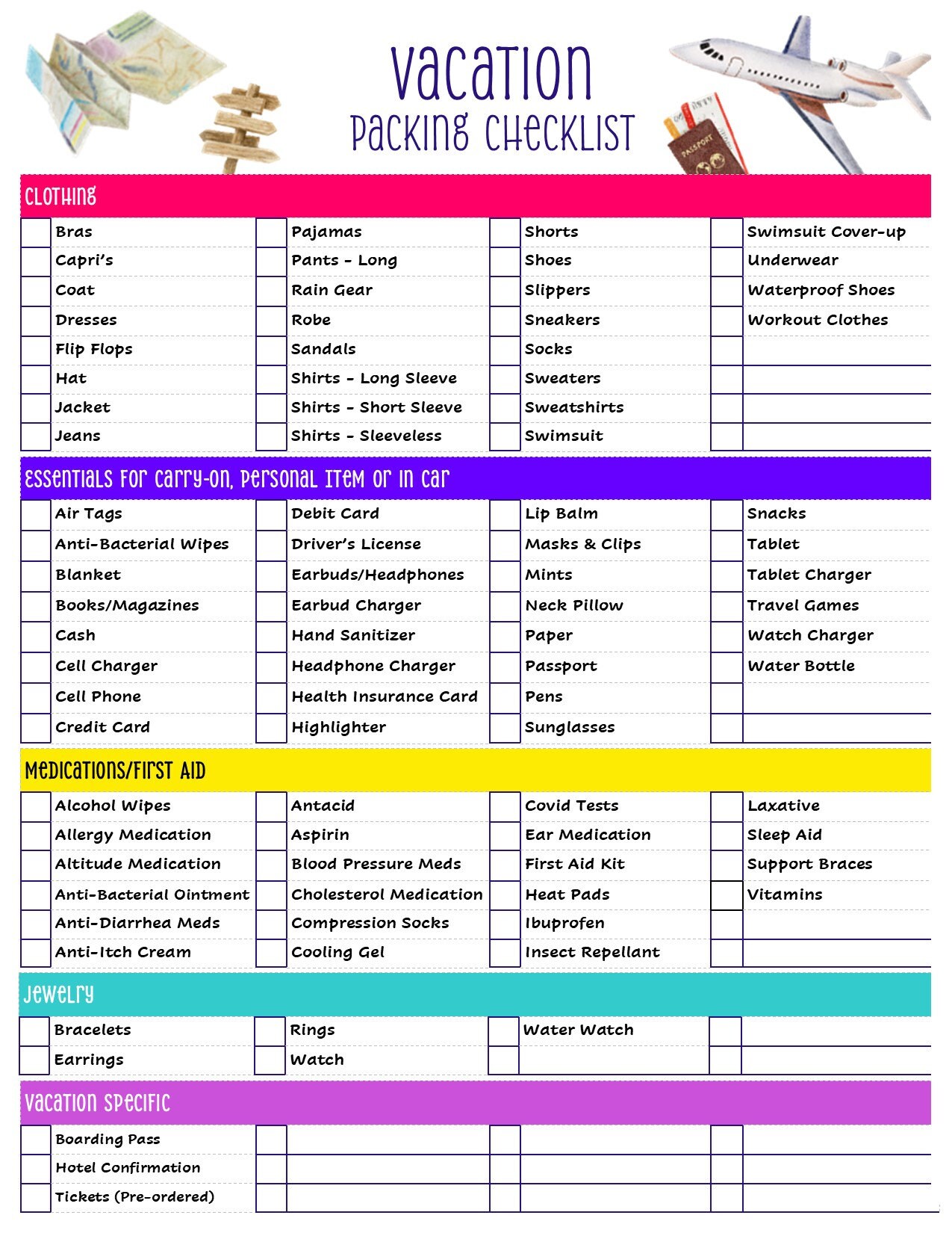 Reusable Vacation Packing List Never Forget Essential Travel Items ...