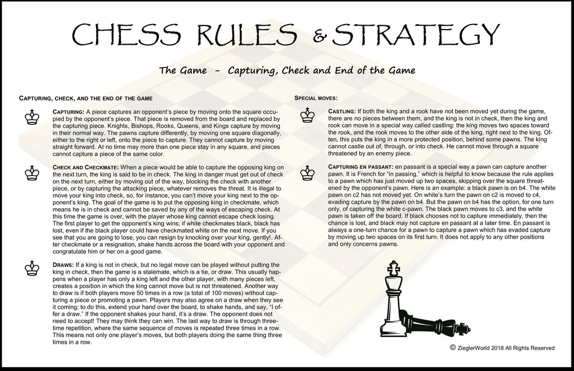Chess Set Rules & Piece Move Strategy Cheat Sheet | Laminated 11x17 ...