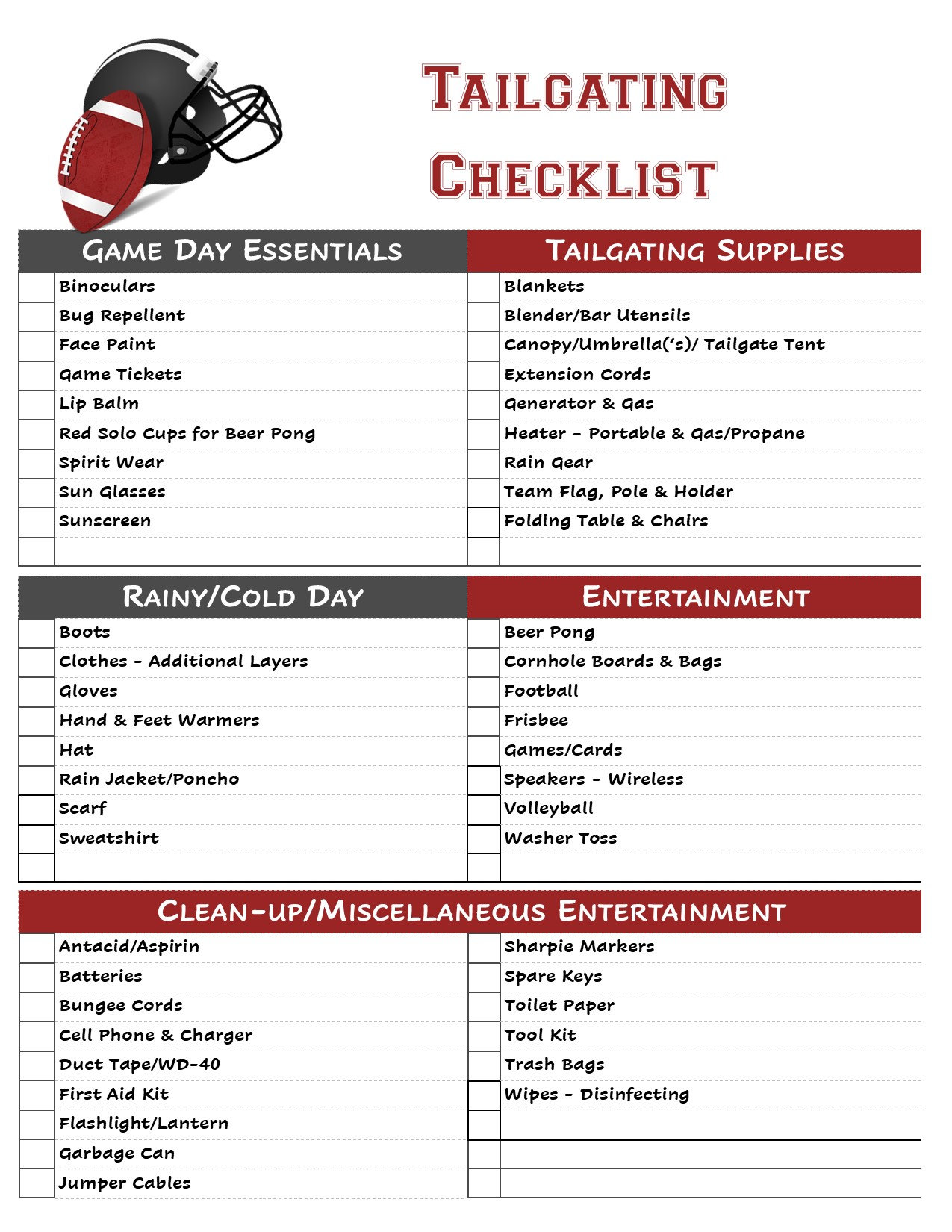 Laminated Tailgating Packing Gameday Checklist - Never Forget ...
