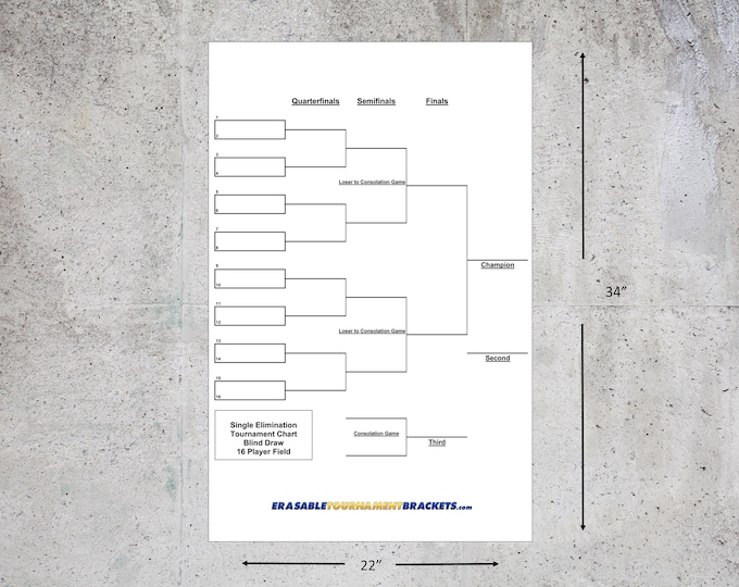 Pickleball Erasable Tournament Bracket Single Elimination Blind Draw 16 ...
