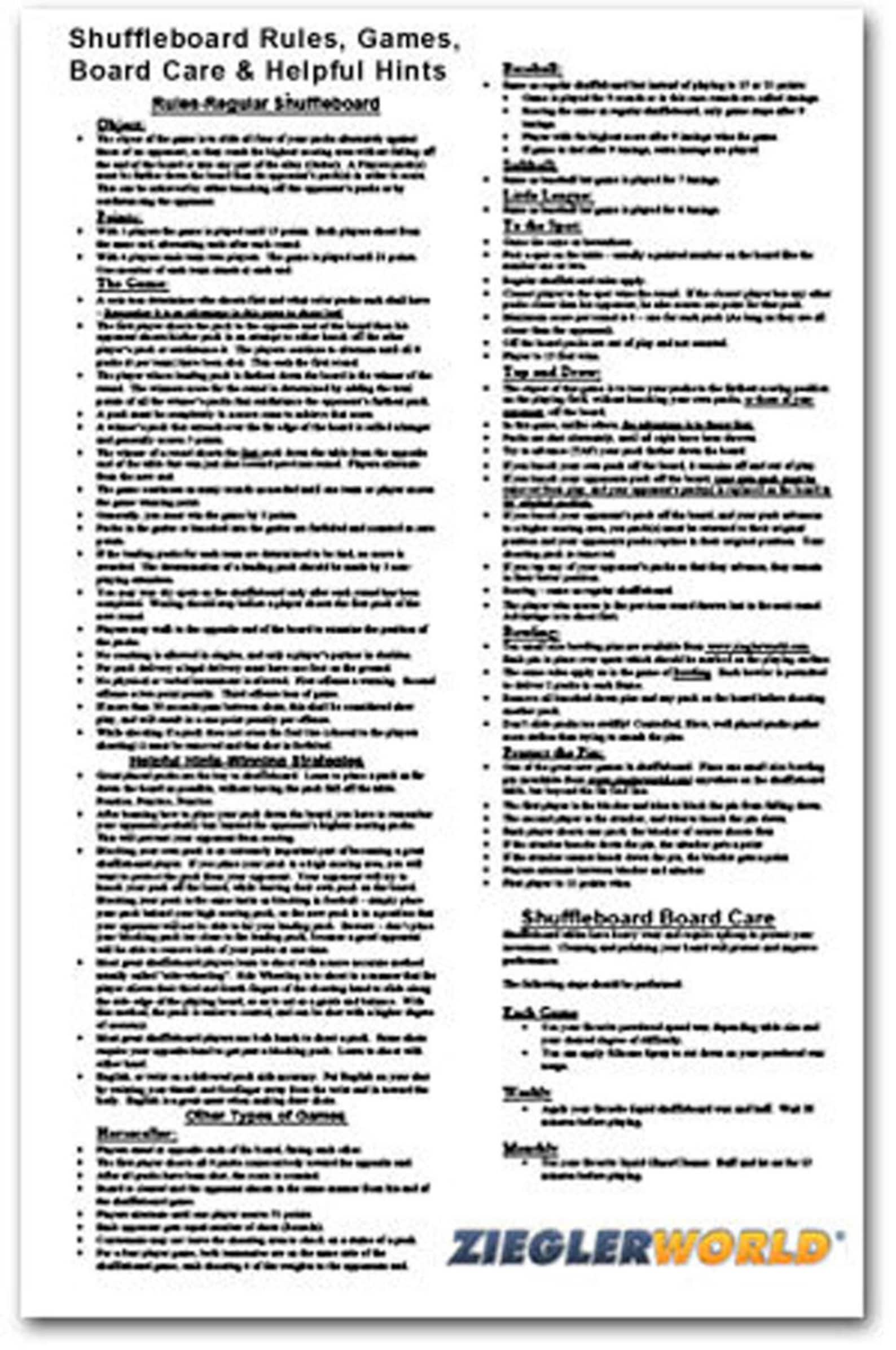 Large Laminated Official Table Shuffleboard Rules & Regulations Poster ...